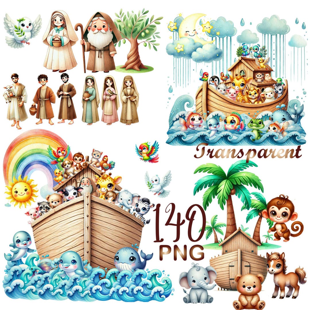 140 PNG Watercolor Noah's Ark Clipart Bundle – Christian Digital ...
