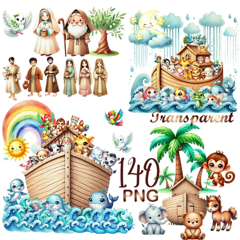 140 PNG Watercolor Noah's Ark Clipart Bundle – Christian Digital ...