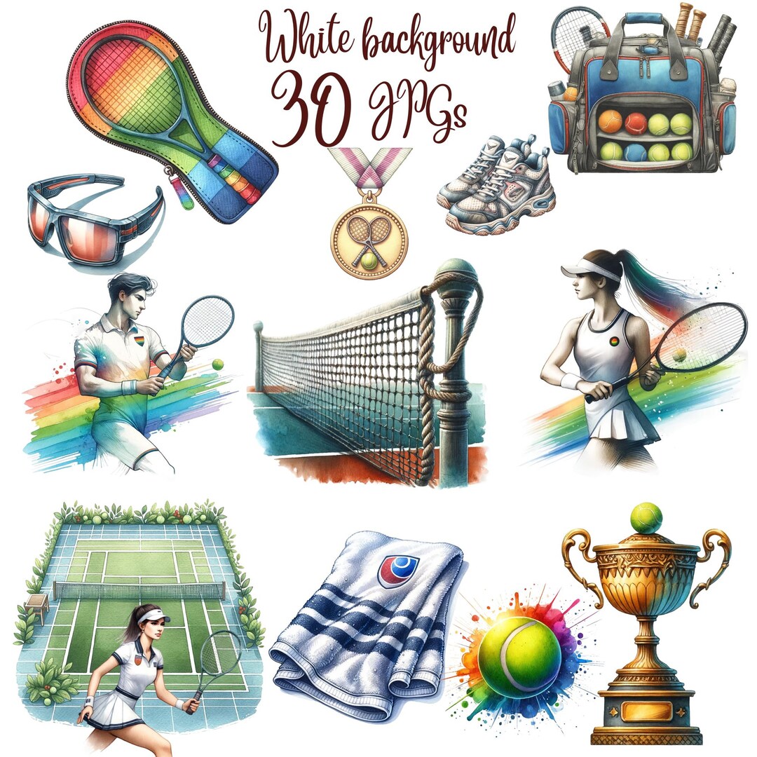 30 JPG, Watercolor Sports Clipart Bundle, Watercolor Sports Tennis ...
