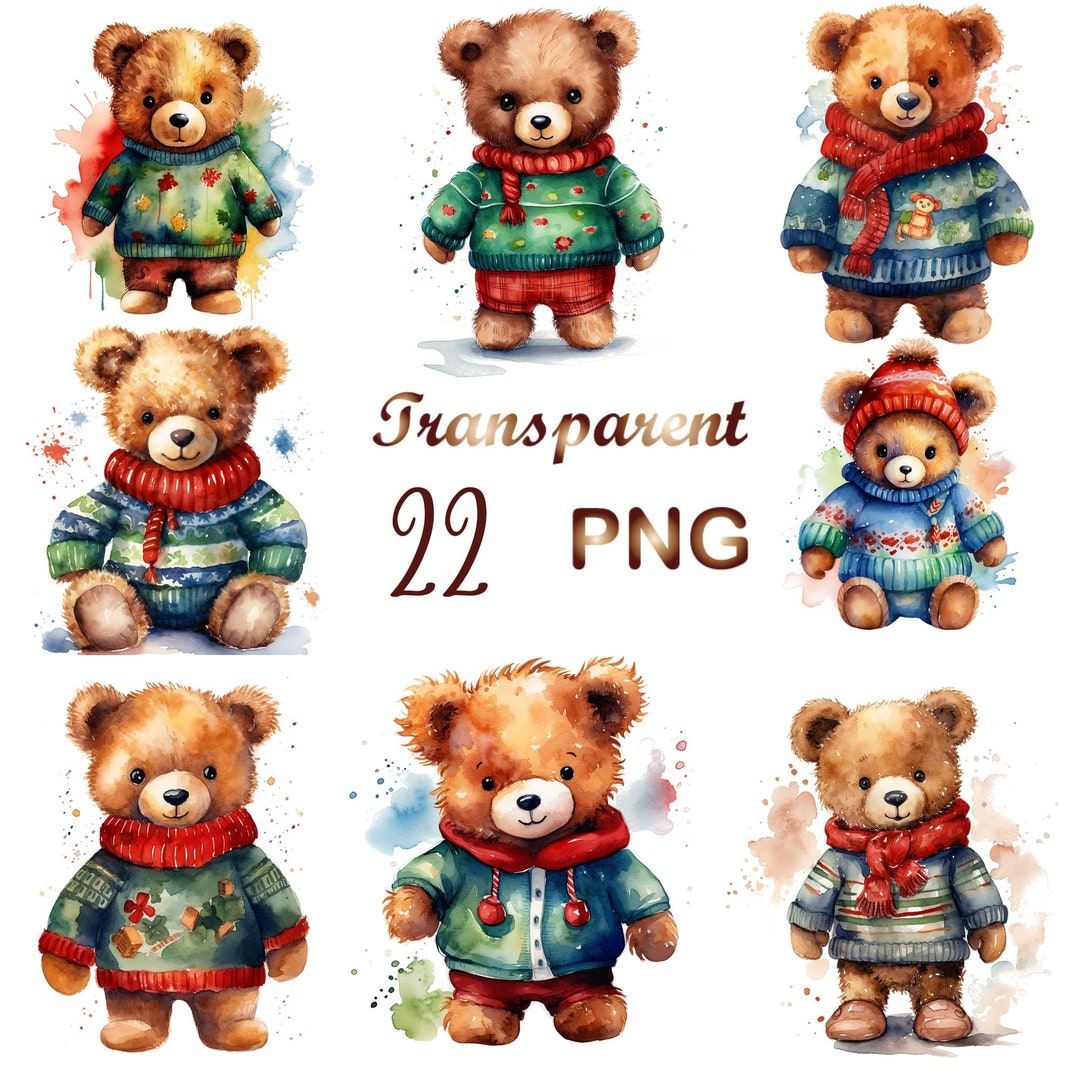 22 Watercolor Teddy Bear in a Sweater Clipart Png, Teddy Bear Clipart ...