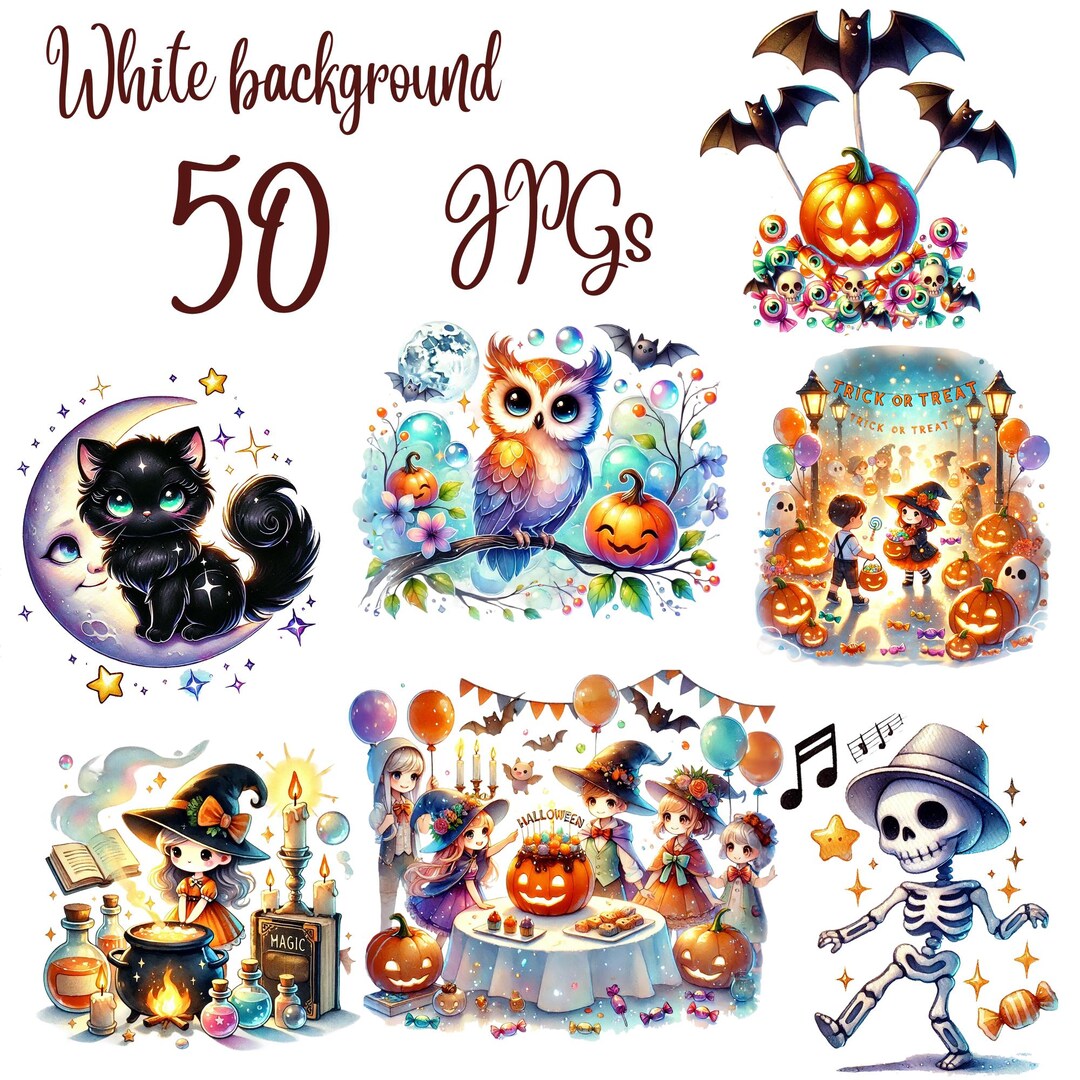 50 Jpgs, Happy Halloween Clipart Bundle, Watercolor Halloween Clipart ...