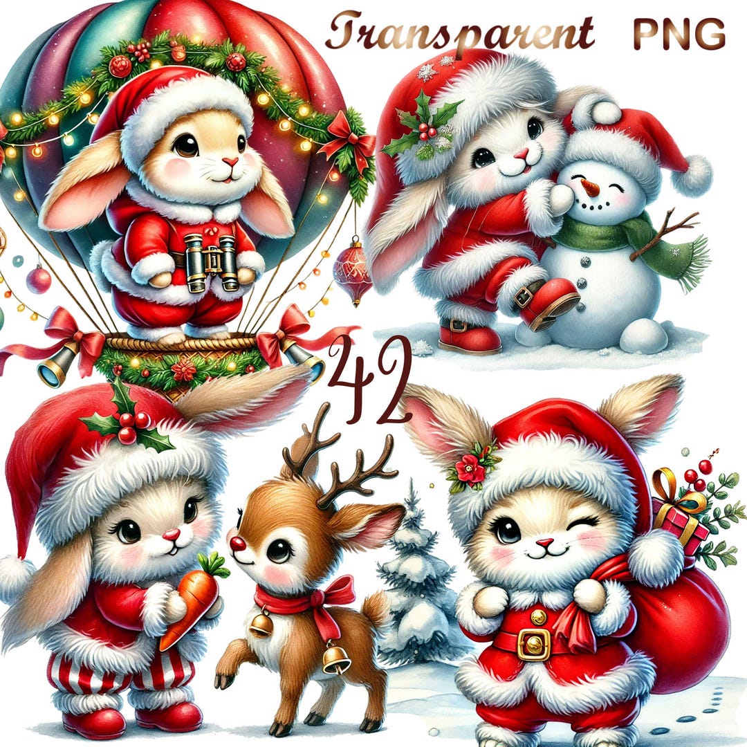 Christmas Bunny Santa Clipart Bundle, 42 PNG Festive Christmas Bunny ...