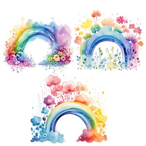 17 Watercolor Pastel Rainbow Clipart Bundle Png,sun,clouds,rainbow Png,digital Download ...