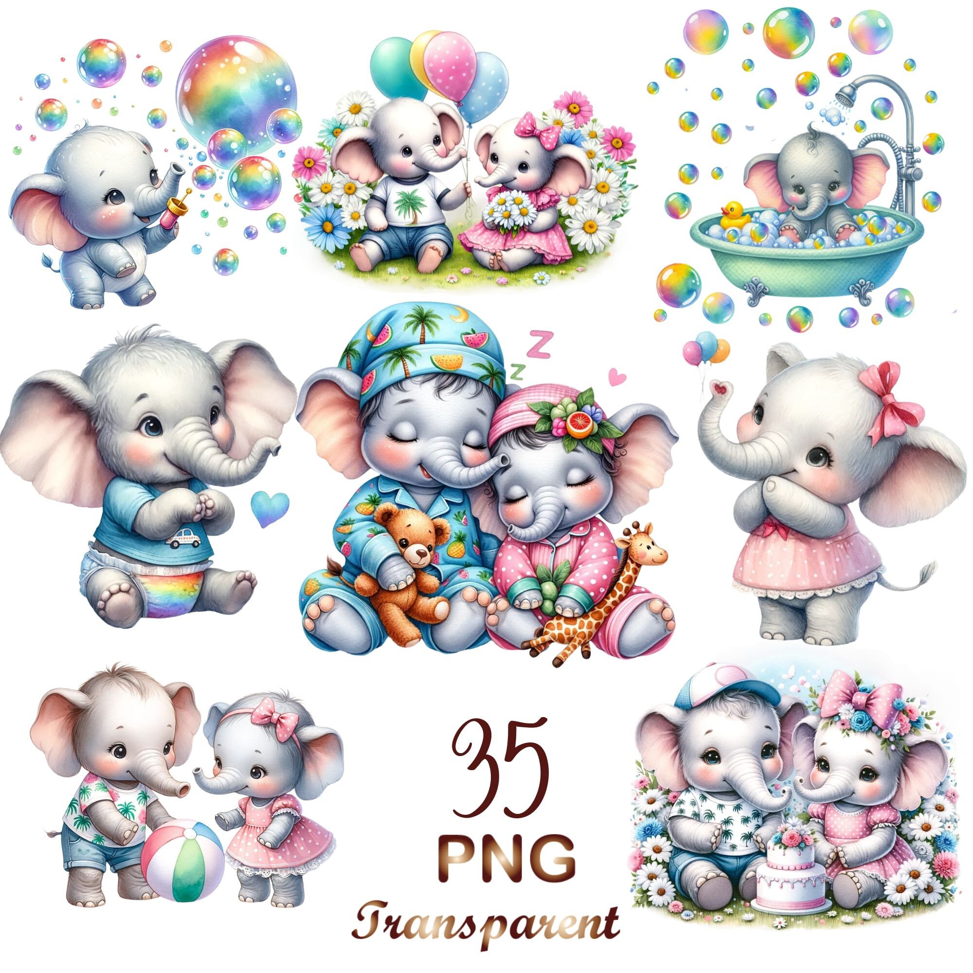 35 Png,cute Elephant Clipart Bundle,baby Boy Elephant Illustration,cute ...