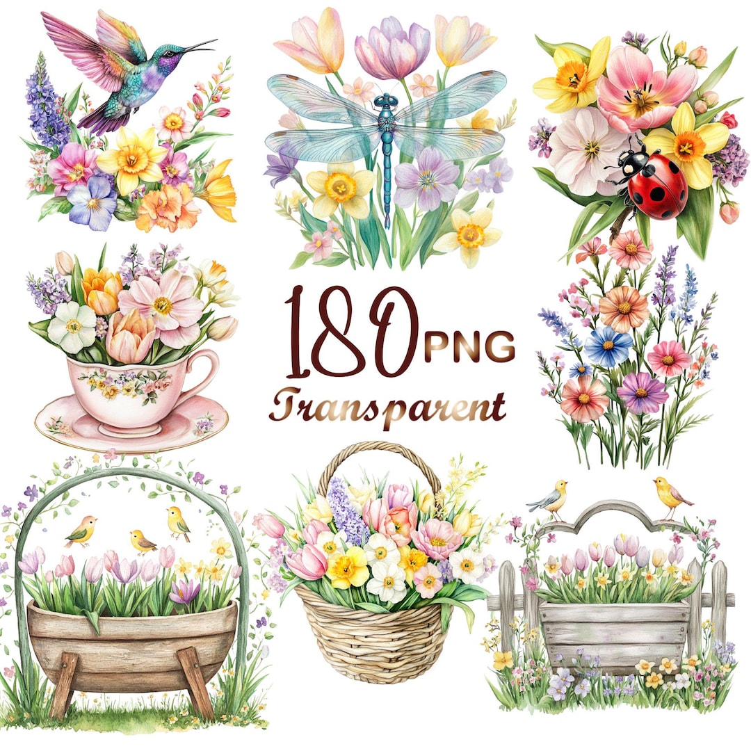 180 Pastel Watercolor Spring Flowers Clipart Png,spring Garden Flowers ...