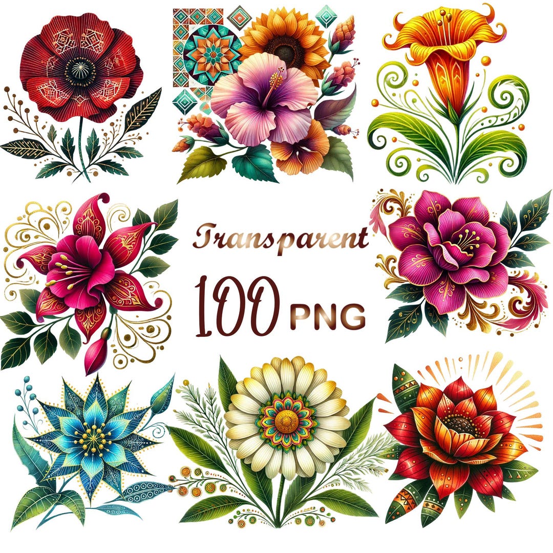 100 PNG, Mexican Flower Clipart Bundle, Aztec Mexican Flower Clipart ...