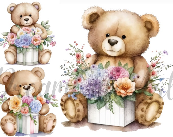 Watercolor Teddy Bear Clipart, Teddy Bear Cute Clip Art, Card Making ...