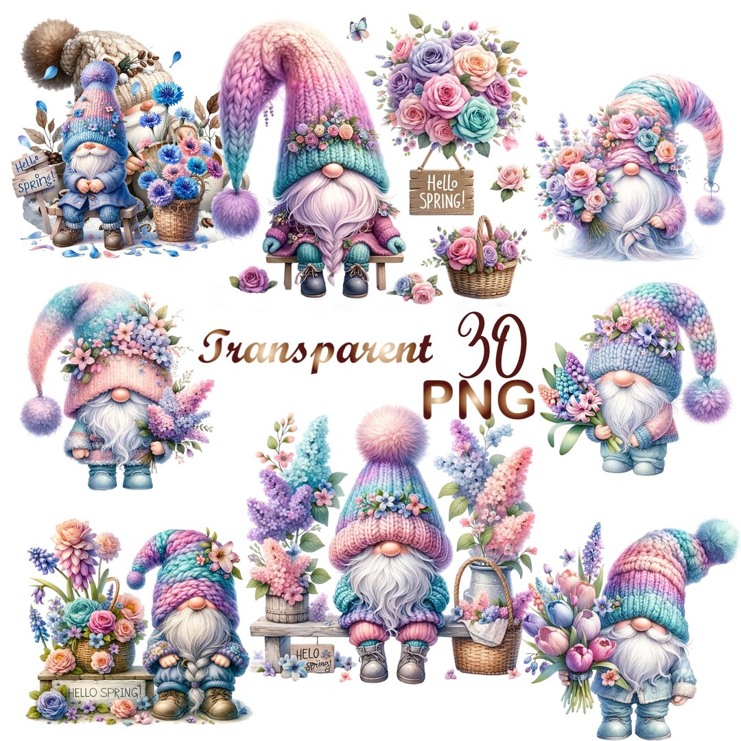 30 PNG, Watercolor Spring Gnome Clipart Bundles, Gnome With Flowers ...