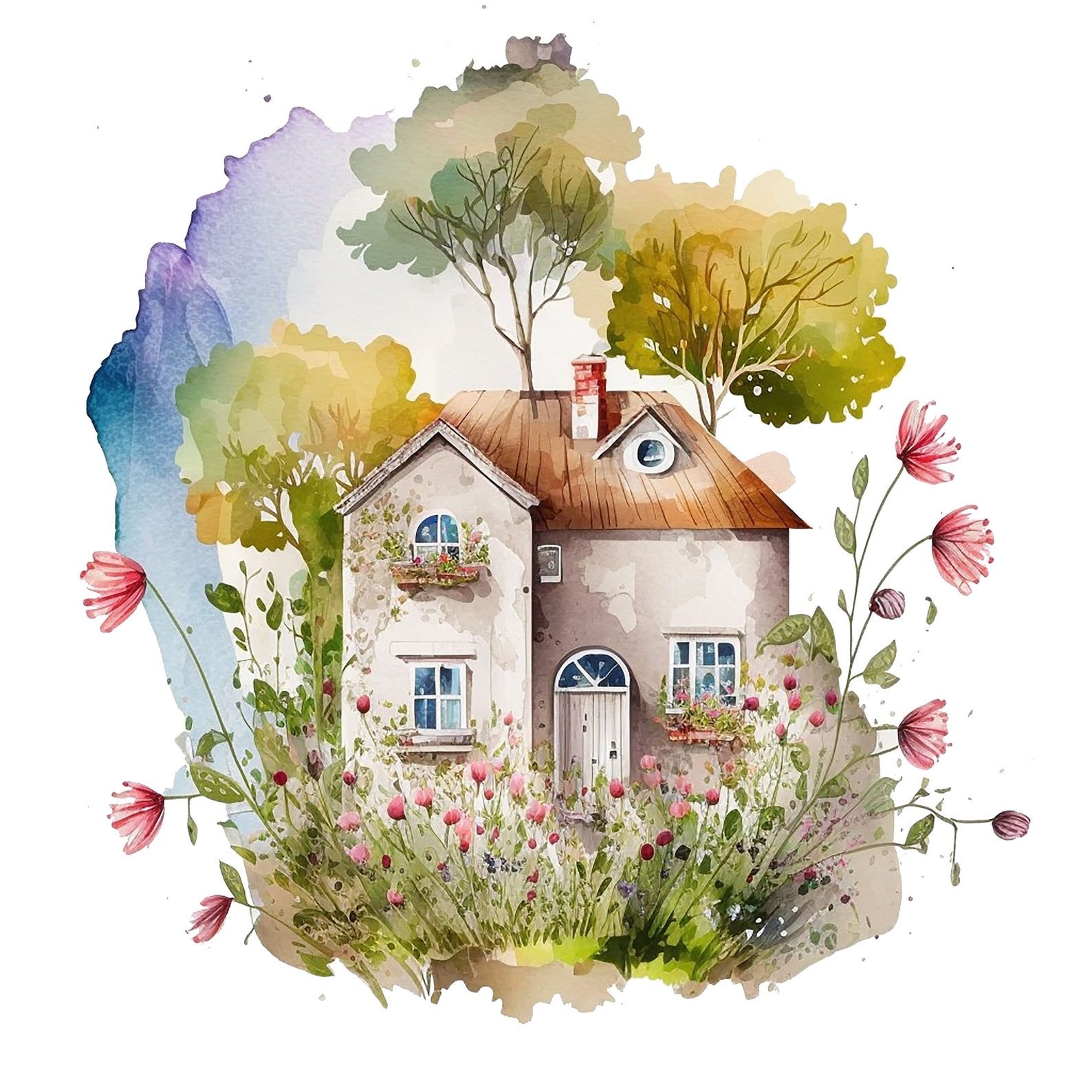 10 Jpgs, Summer Cottages Watercolor Clipart, Digital Planner, Wall Art ...