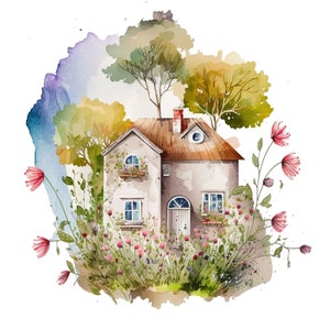 10 Jpgs, Summer Cottages Watercolor Clipart, Digital Planner, Wall Art ...