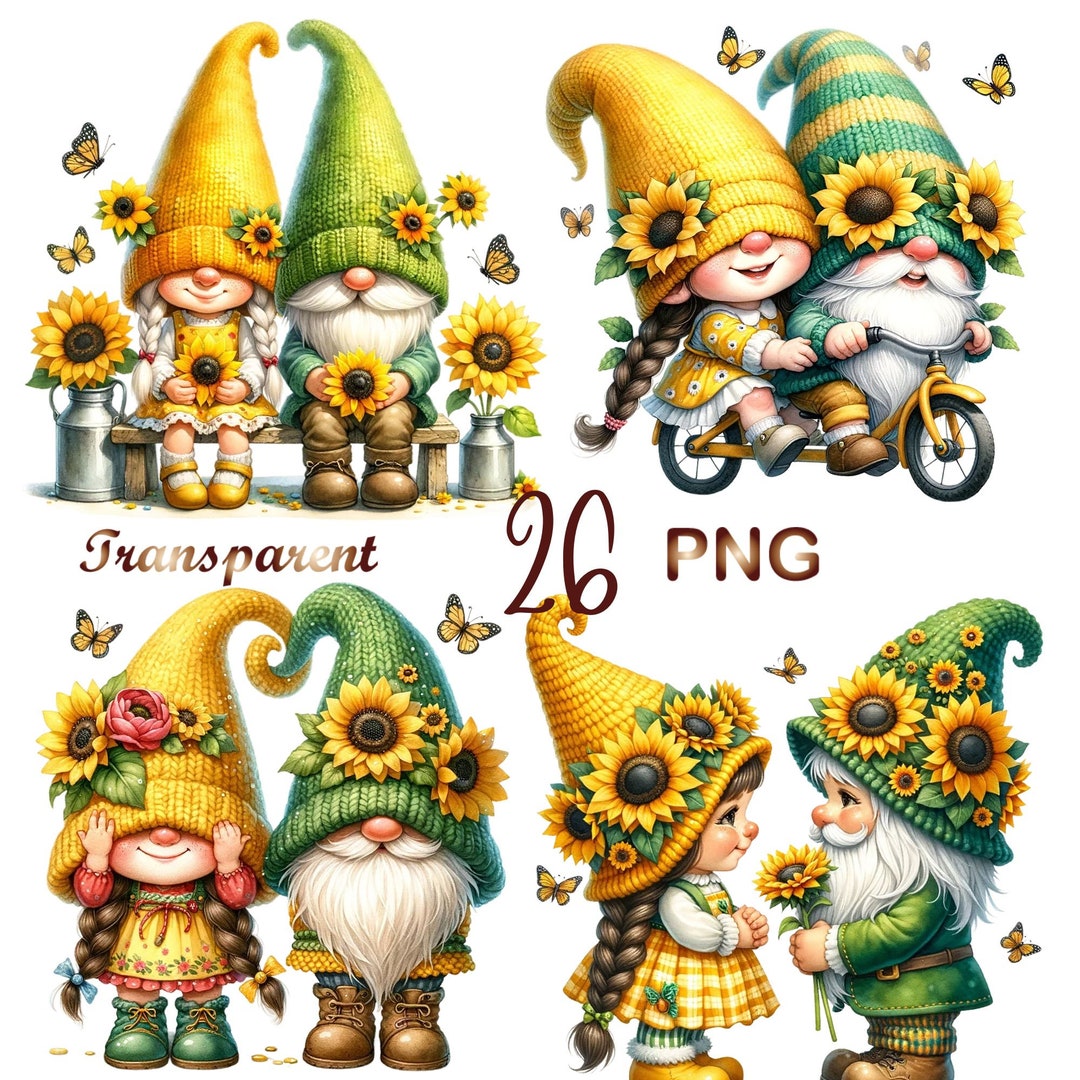 26 Png,sunflower Gnome Clipart Bundle,garden Gnome Watercolor Clipart ...