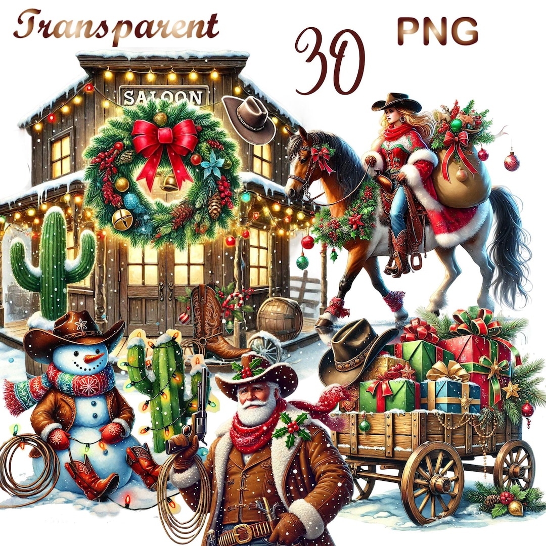 30 PNG Western Christmas Clipart Bundle, Holiday Cowboy Illustrations ...
