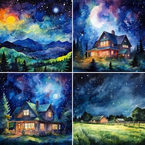30 Watercolor Magical Night Paper Jpgs, Sky Digital Background, Starry ...