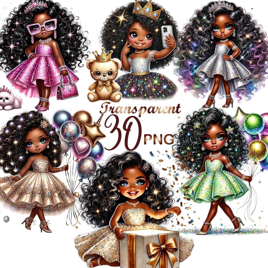 30 Pngs Cute Black Princess Party Clipart Bundle, Glamorous Watercolor ...