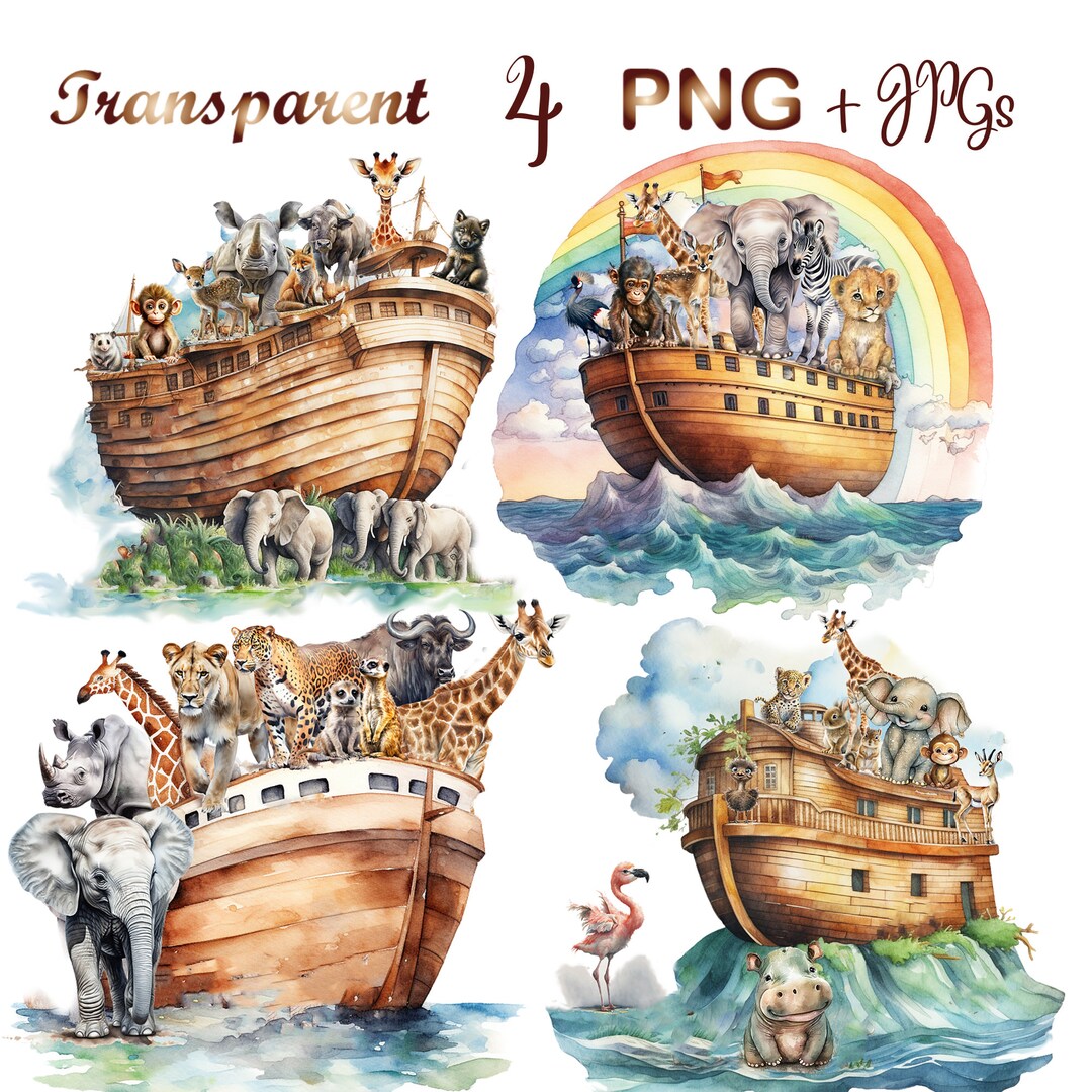 4 Noah's Ark Clipart PNG, Watercolor Bundle, Christian Clipart Set ...