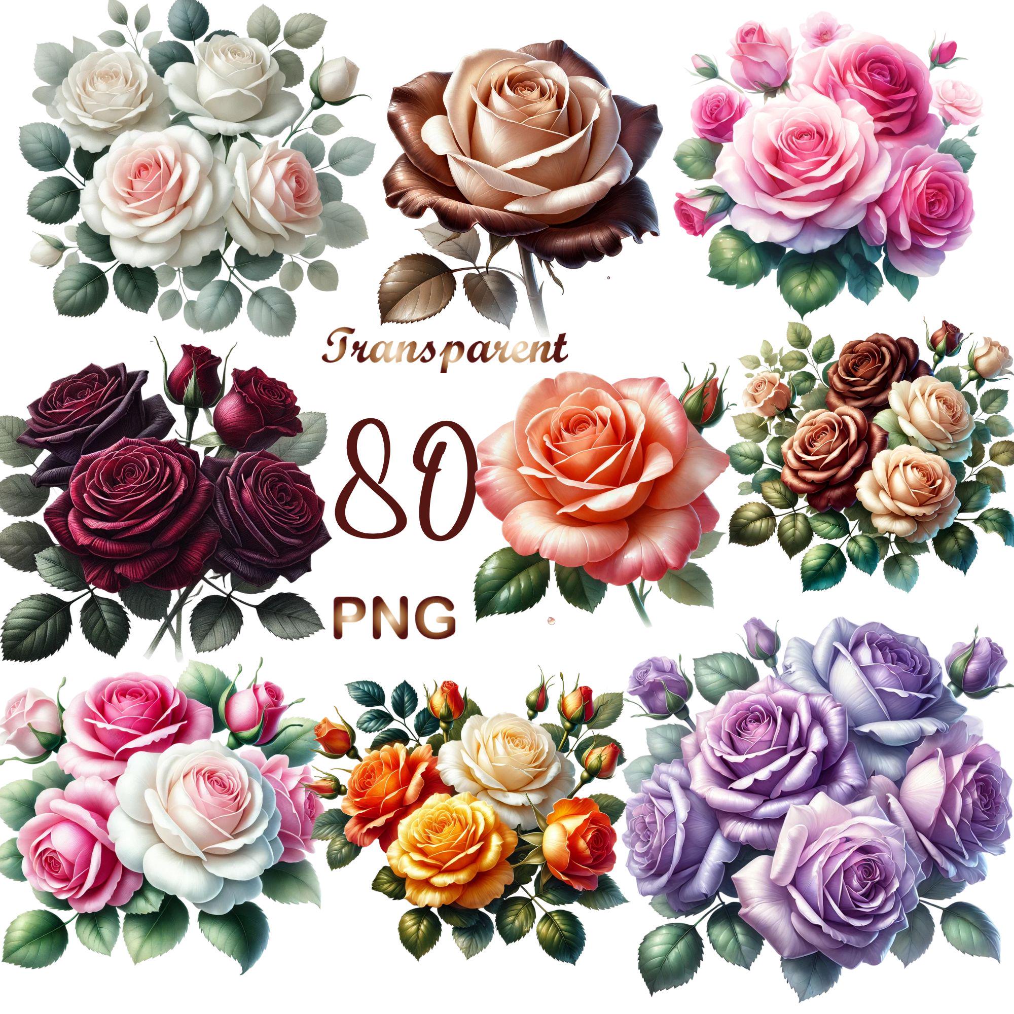 80 PNG Roses Clipart Bundle, Beautiful Colorful Floral Graphics ...
