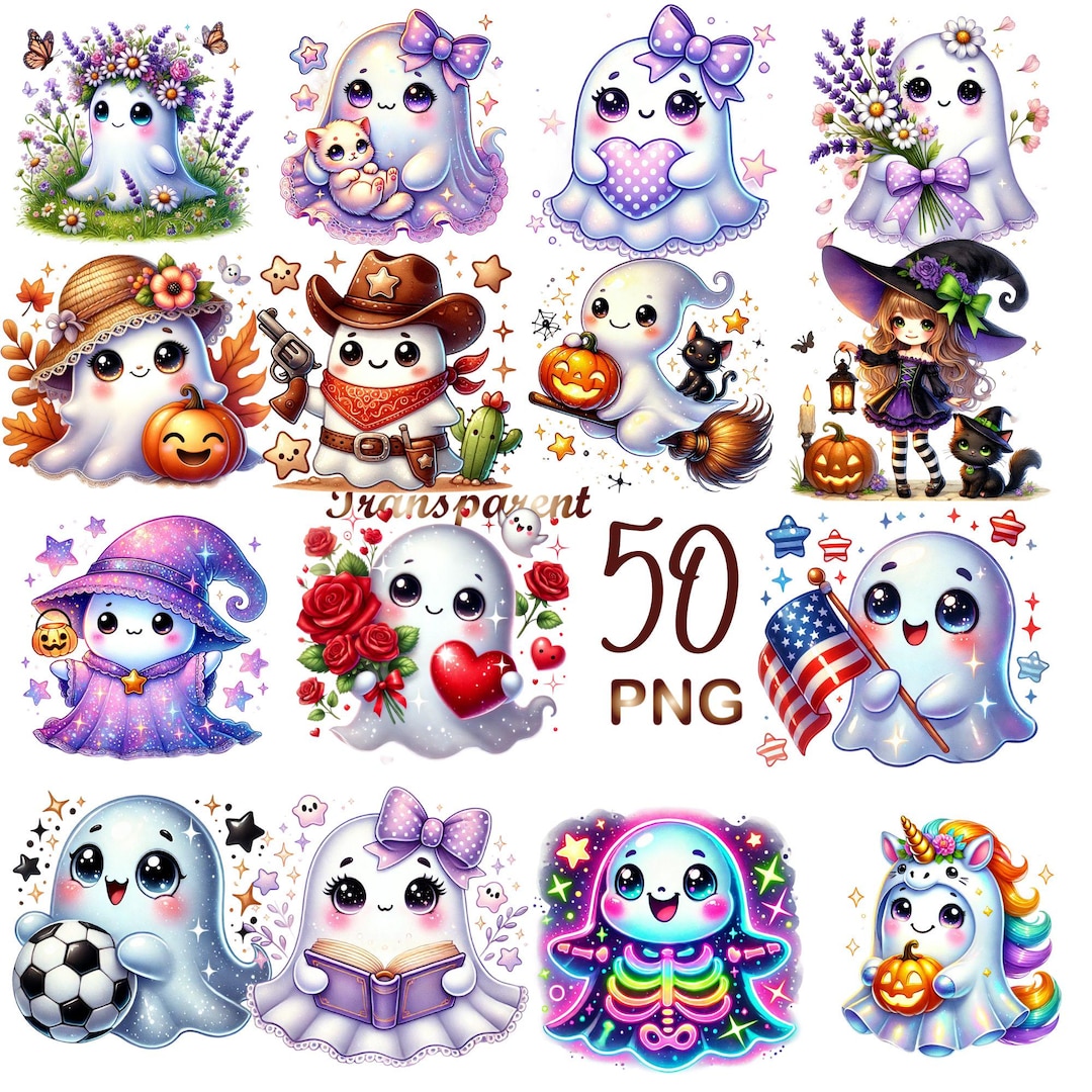 50 PNG Cute Ghosts Clipart Bundle, Cute Funny Ghost, Adorable Spooky ...