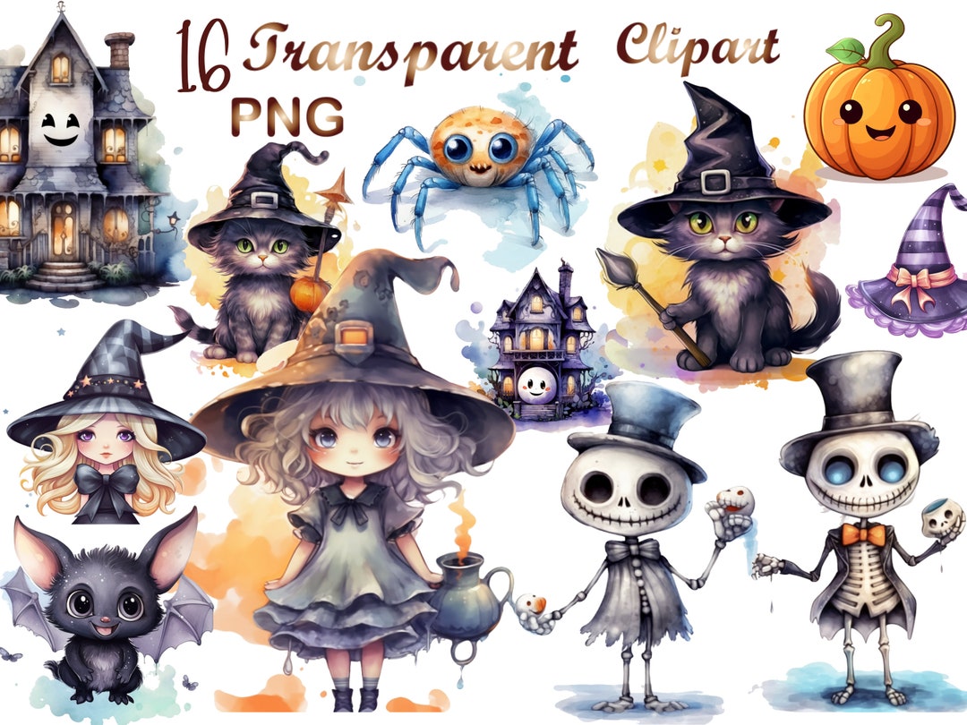 16 Watercolor Halloween Cute Ghost Vampire Bat Clipart Bundle of 20 ...