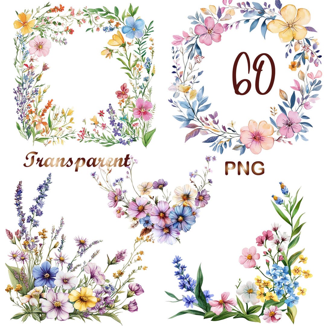 60 PNG Flowers Frame Clipart Bundle, Floral Frames Clipart, Flower ...