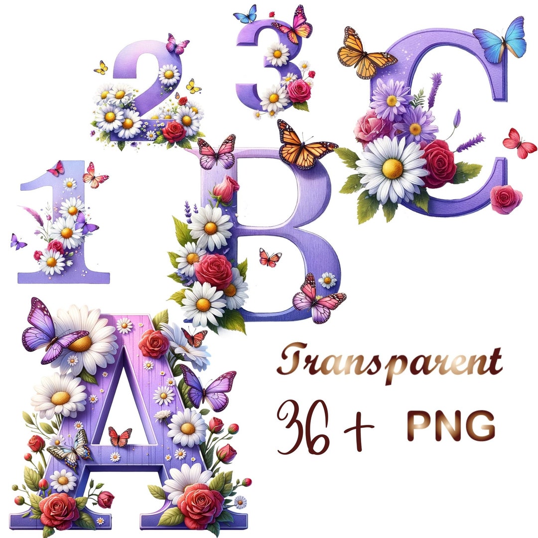 36 + PNG, Watercolor Spring Floral Alphabet Collection Clipart ...