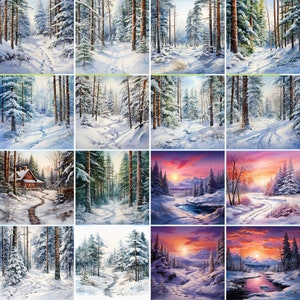 60 Watercolor Printable Winter Woodland Landscape Digital Paper Set ...