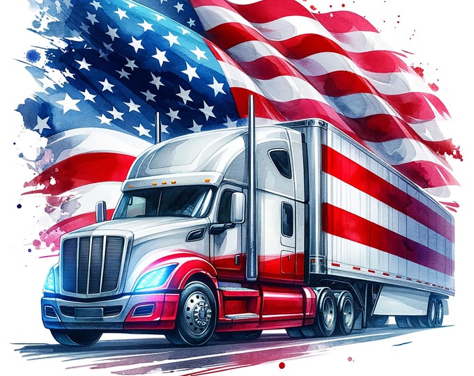 Vintage Blue Truck in PNG, Watercolor Truck With America Flag, High ...