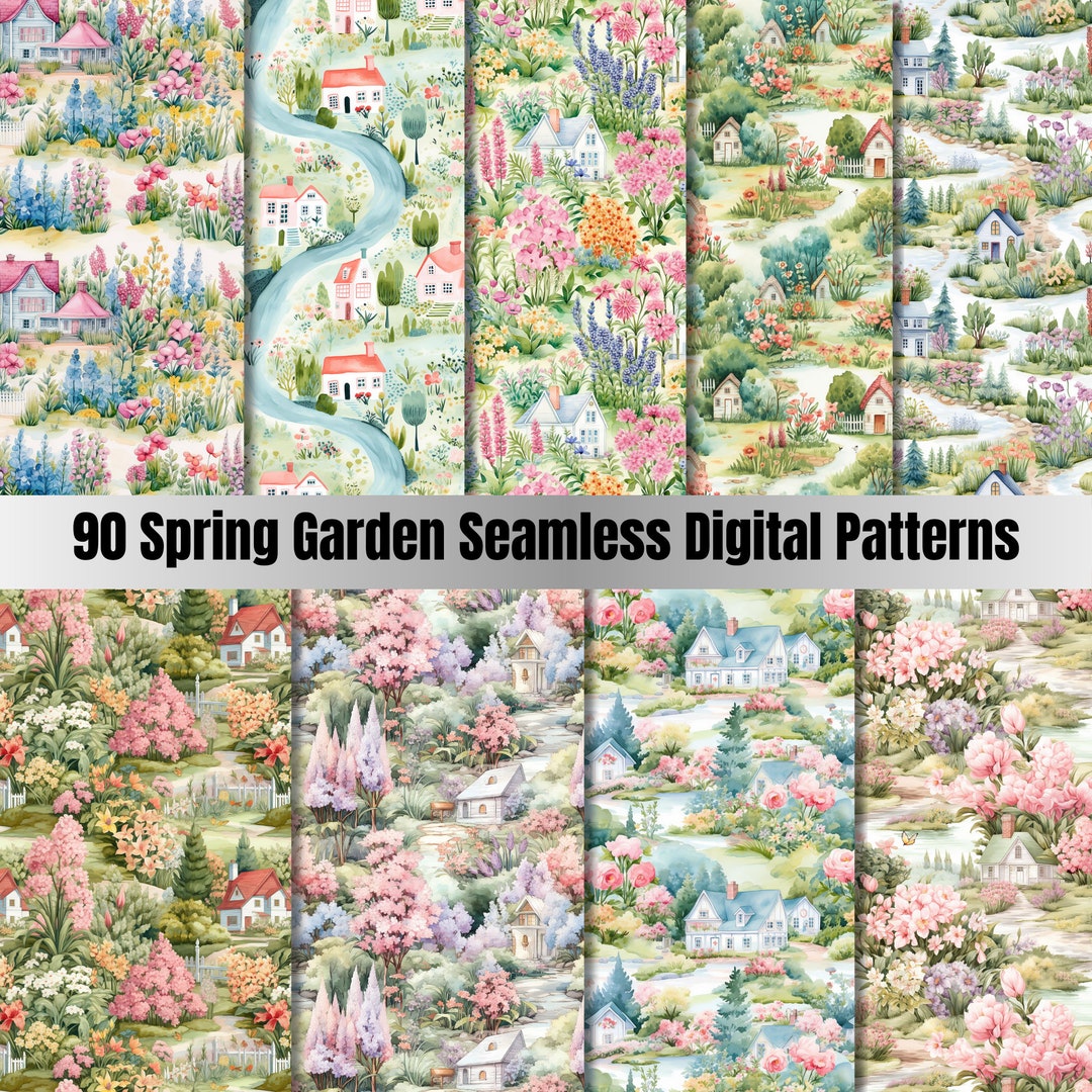90 Seamless Spring Garden Digital Paper, Spring Garden Seamless Pattern ...