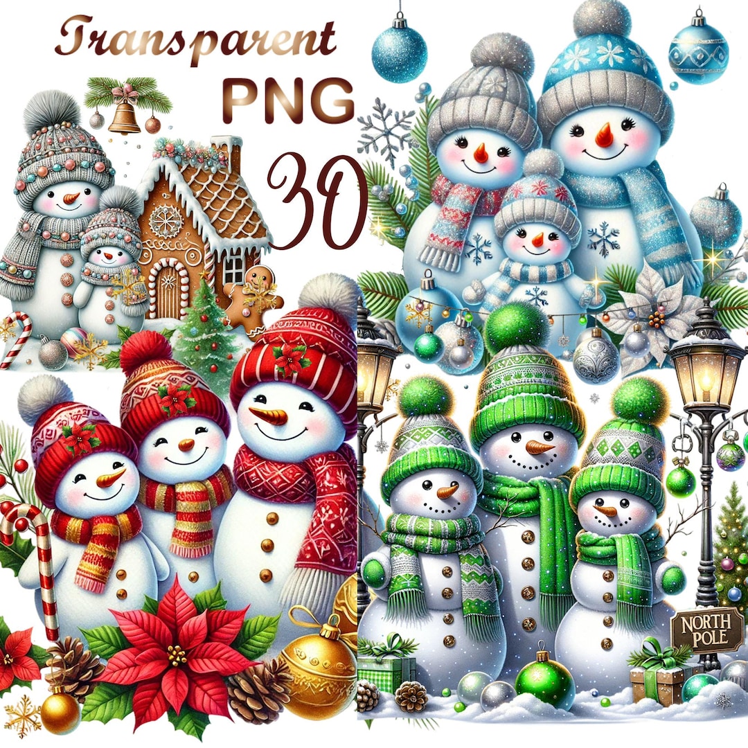 30 PNG, Christmas Snowman Bundle Clipart, Festive Snowmen Graphics ...