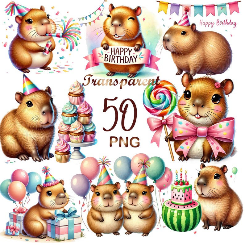 Capybara Birthday Clipart Bundle – 50 PNG Cute Party Animals, Cute ...