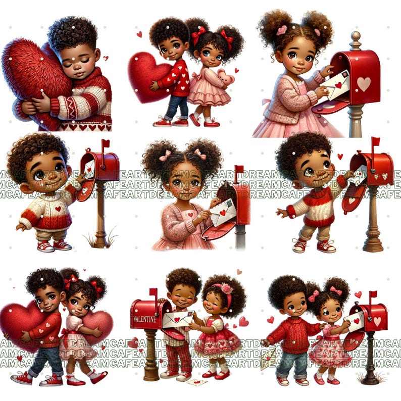 Afro American Valentine Kids Clipart Bundle, 93 PNG Cute Boys and Girls ...