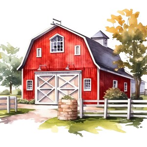 14 Watercolor Red Farm Clipart, Jpgs, Red Farm, Commercial Use, Digital ...