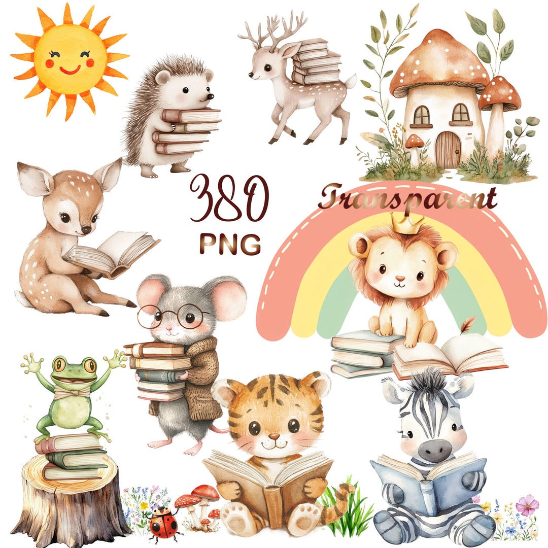 Reading Animals Clipart Bundle, 380 PNG Woodland & Safari Animals With ...