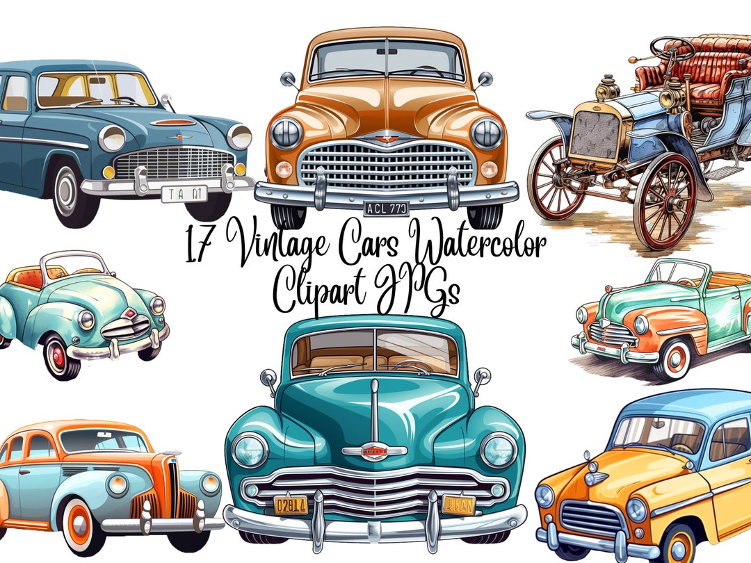 17 Vintage Cars Watercolor Clipart, Jpgs,car Bundle Jpg,watercolor ...