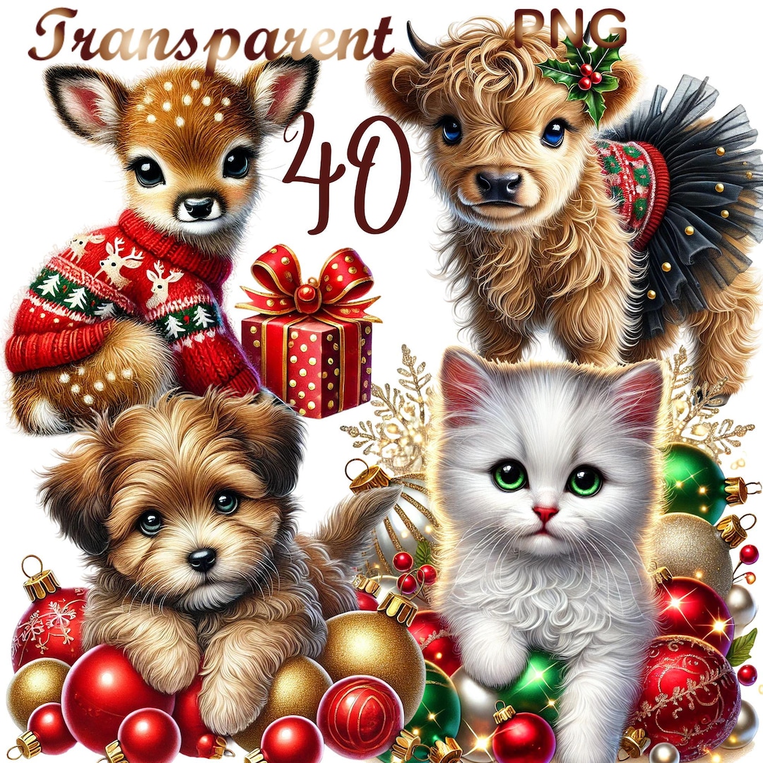 40 PNG Christmas Animals Clipart Bundle, Animals Illustrations Designs ...