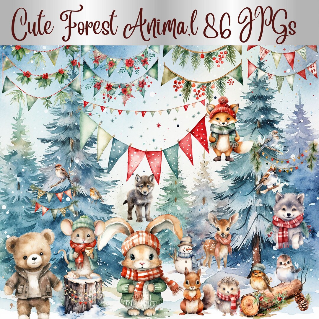 86 Woodland Christmas Clipart, Jpgs, Watercolor Winter,cute Forest ...
