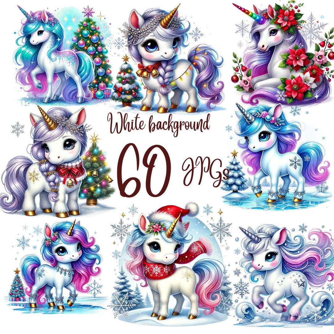 60 JPG, Christmas Unicorn Clipart Bundle, Winter Unicorn Clipart, Cute ...