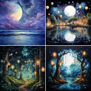 30 Watercolor Magical Night Paper Jpgs, Sky Digital Background, Starry ...