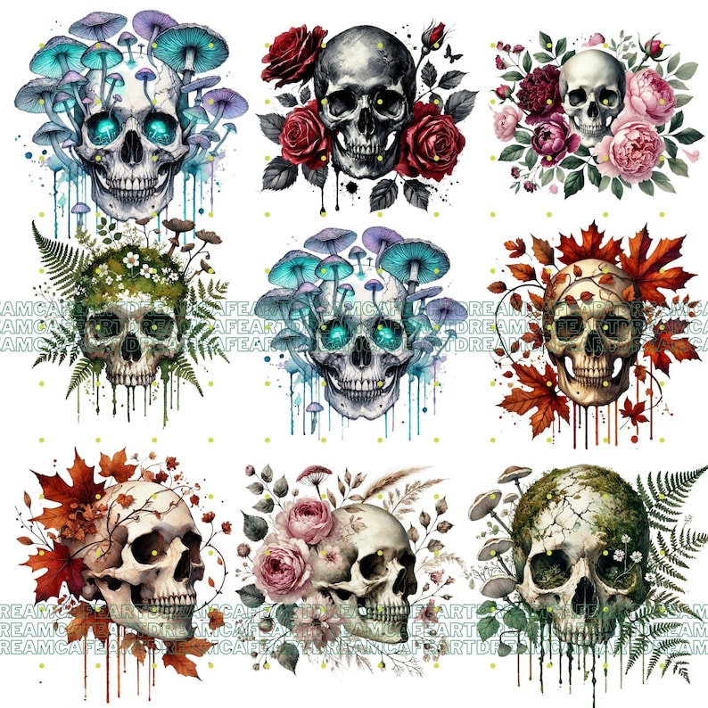 Watercolor Floral Skull Clipart Bundle | 42 PNG Gothic Skull Flowers ...