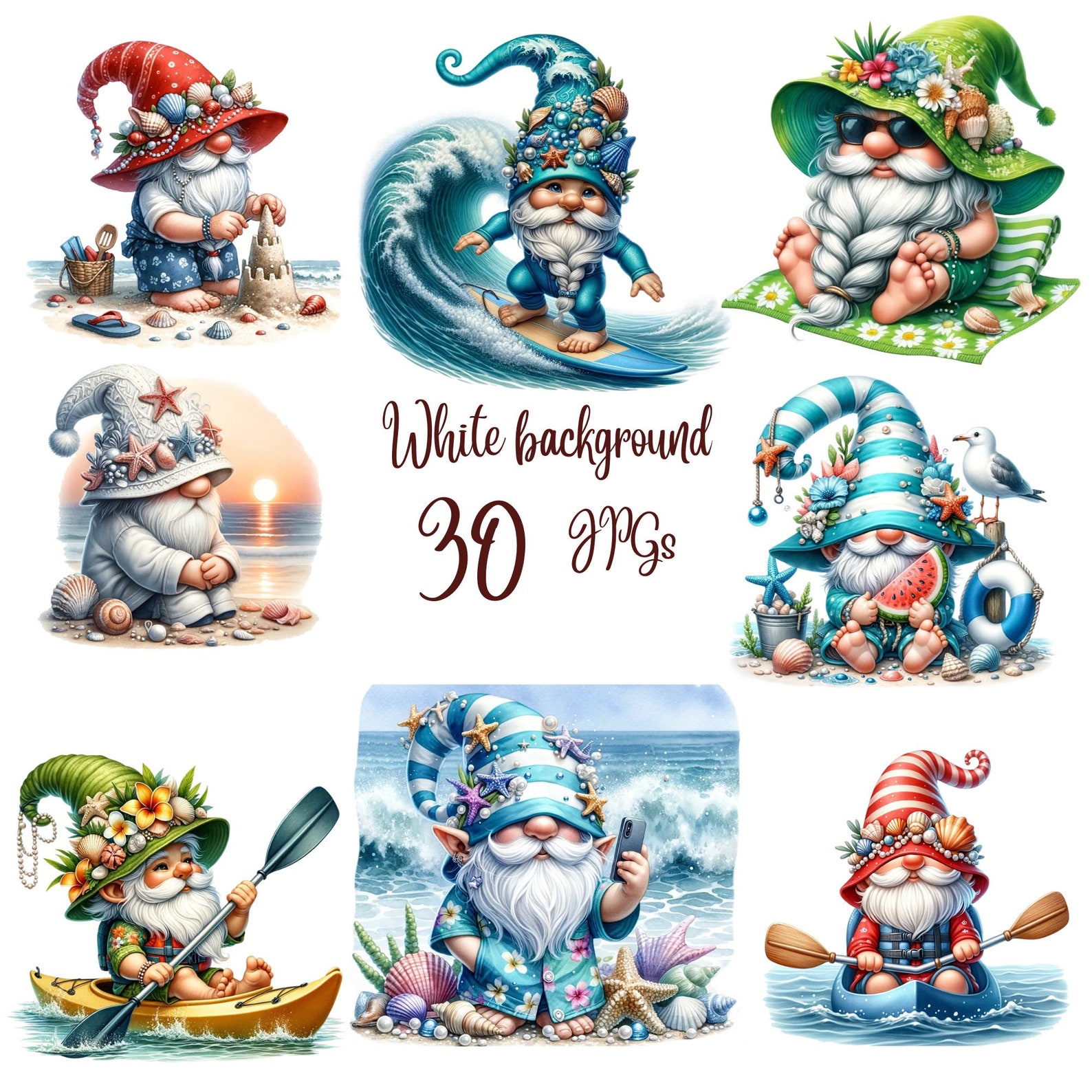 30 JPG Watercolor Summer Beach Gnome Clipart Bundle,gnome Clipart,beach ...