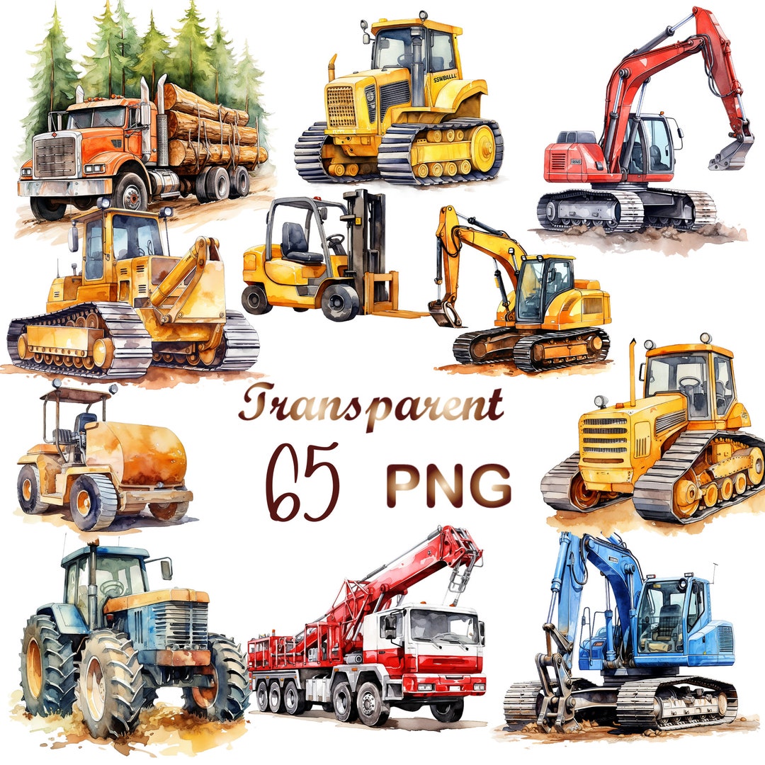 Watercolor Construction Vehicle Clipart: 65 PNG Illustrations ...