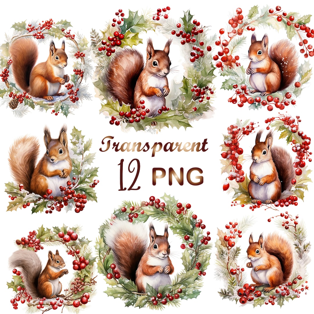 12 Christmas Squirrel Clipart Bundle PNG, Watercolor Squirrel PNG ...
