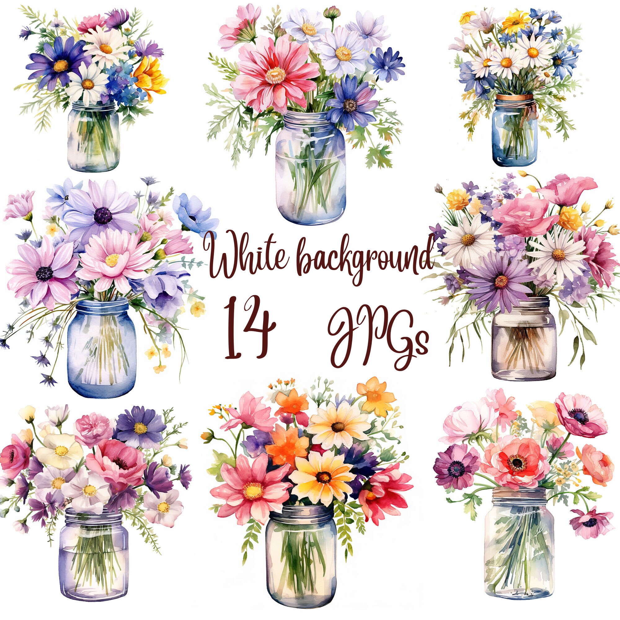14 Flowers in Glass Vase Clipart, Jpgs,commercial Use,digital Download ...