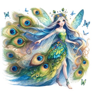 17 PNG, Peacock Fairy Clipart Bundle,peacock Fairy,fairy Illustration Spring Png,mixed Media ...