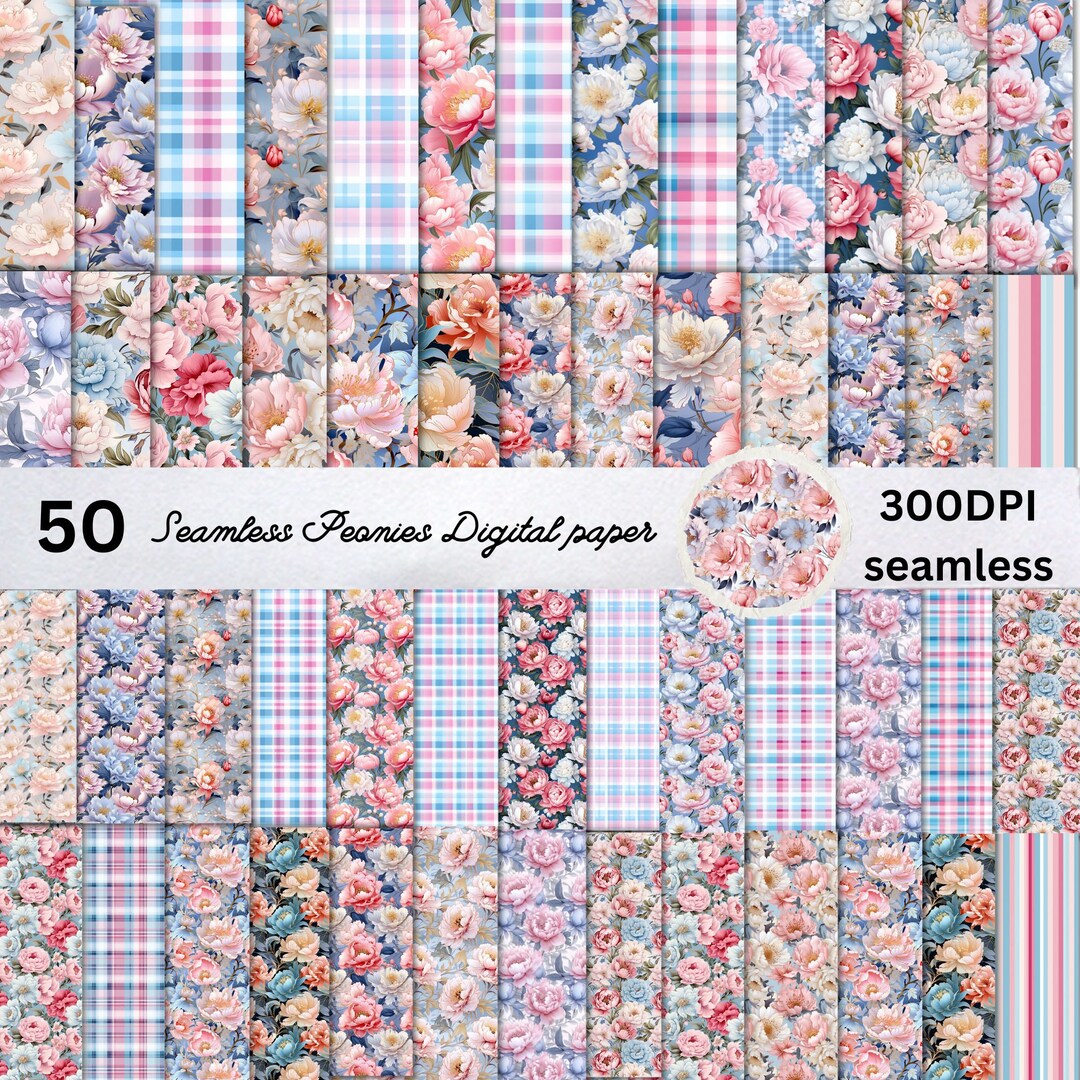 50 Peonies Pink and Blue Seamless Digital Paper, Pastel Plaid ...