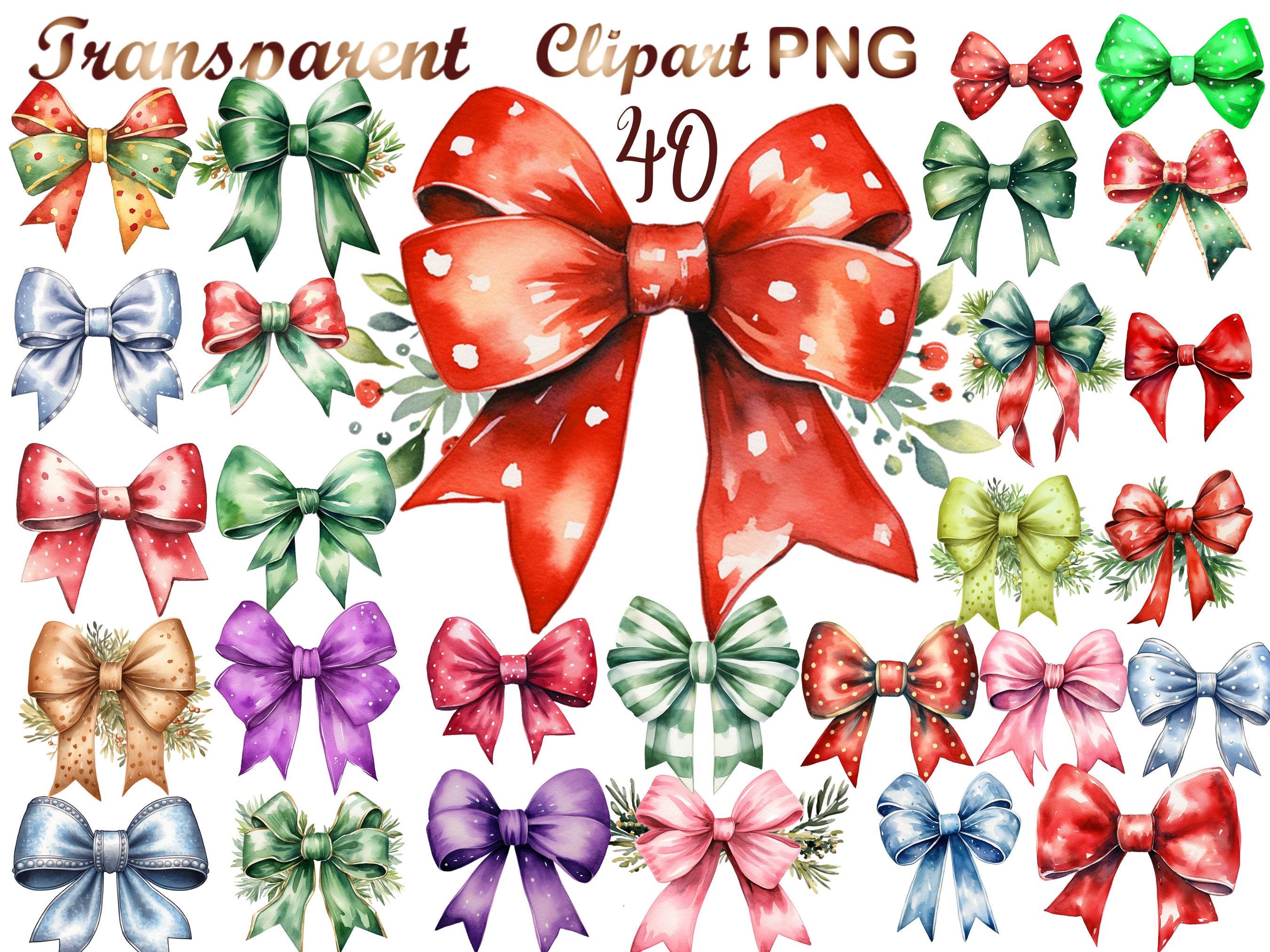 40 PNG, Watercolor Bow Clipart Bundle, Clipart Bundle, Watercolor Cute ...