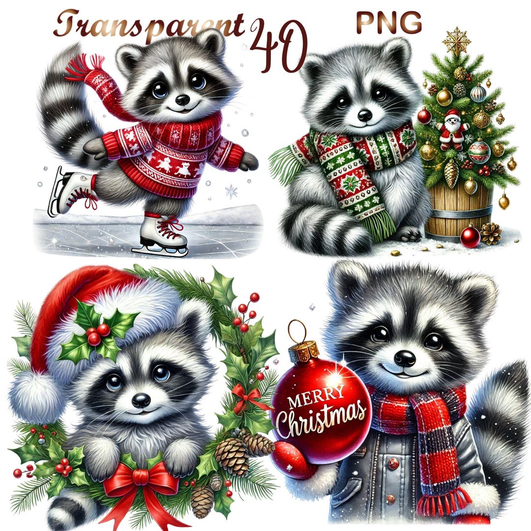 40 PNG Set 1 Christmas Raccoons Clipart Bundle, Holiday Festive Raccoon ...