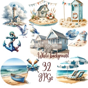 32 Jpgs Watercolor Nautical Collection Clipart, Beach Clipart Bundle ...