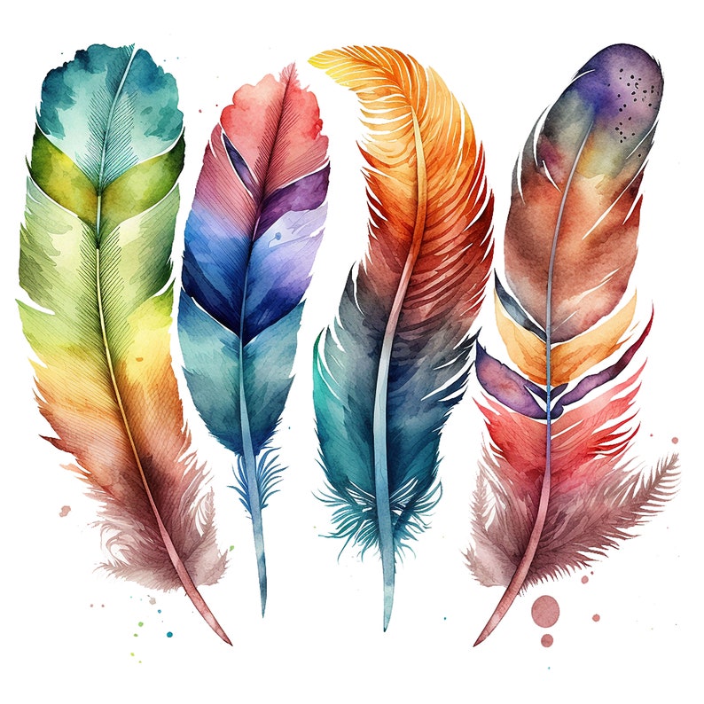 11 Watercolor Feather Clipart, Exotic Boho Feathers, Bohemian Clip Art ...