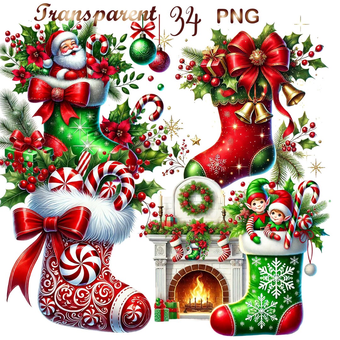 34 PNG Set 2 Christmas Stockings Clipart Bundle, Christmas ...
