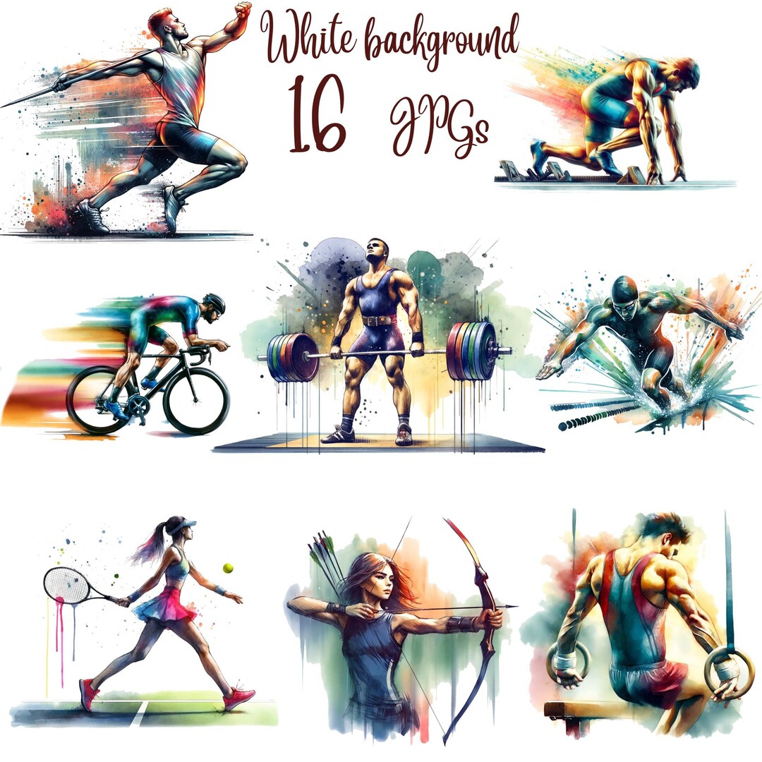 16 JPG, Watercolor Sports Clipart Bundle, Weightlifting Clipart, Track ...